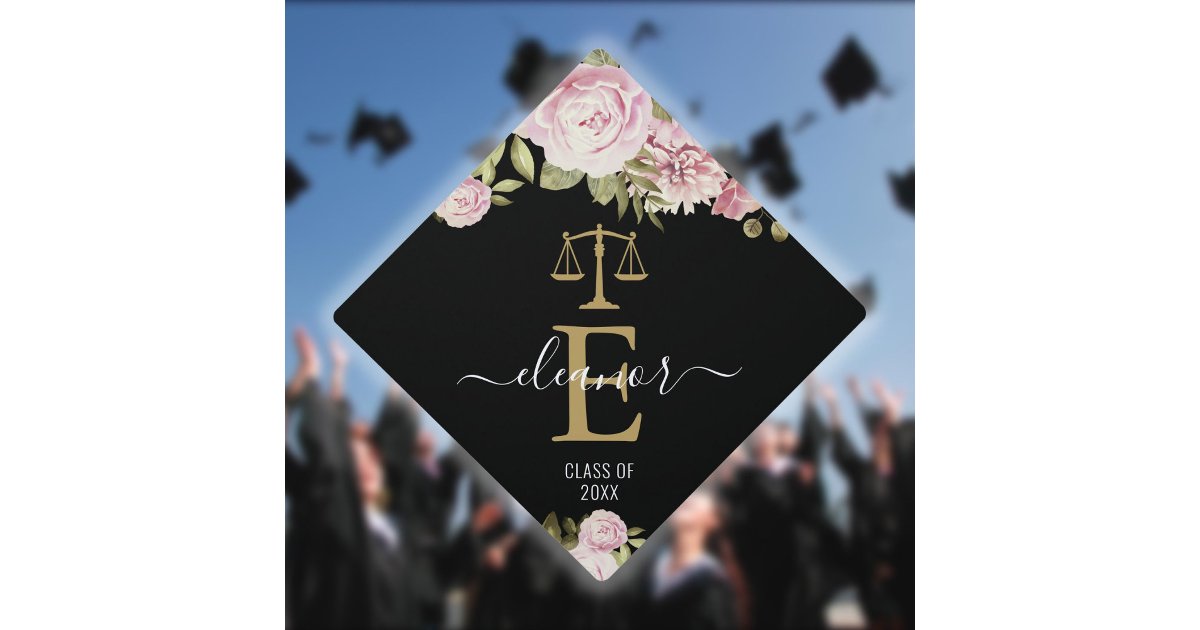 Elegant Gold Monogram Floral Law School Graduation Cap Topper | Zazzle