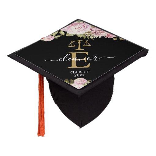 Elegant Gold Monogram Floral Law School Graduation Cap Topper | Zazzle