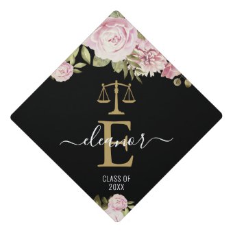 Elegant Gold Monogram Floral Law School Graduation Cap Topper | Zazzle