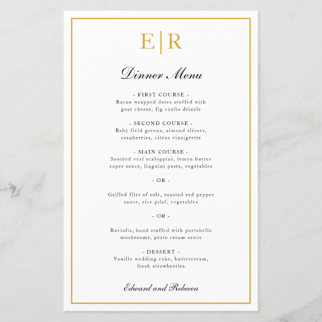 Elegant Gold Monogram Formal Wedding Menu | Zazzle