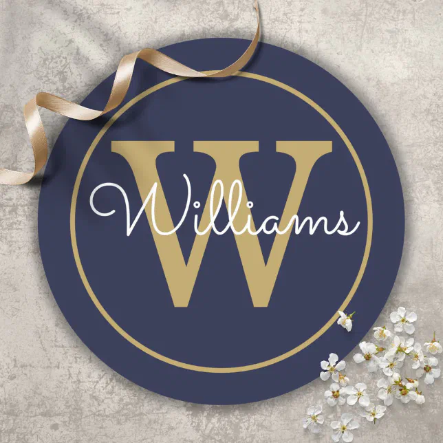 Elegant Gold Monogram Script Name Navy Blue Classic Round Sticker | Zazzle