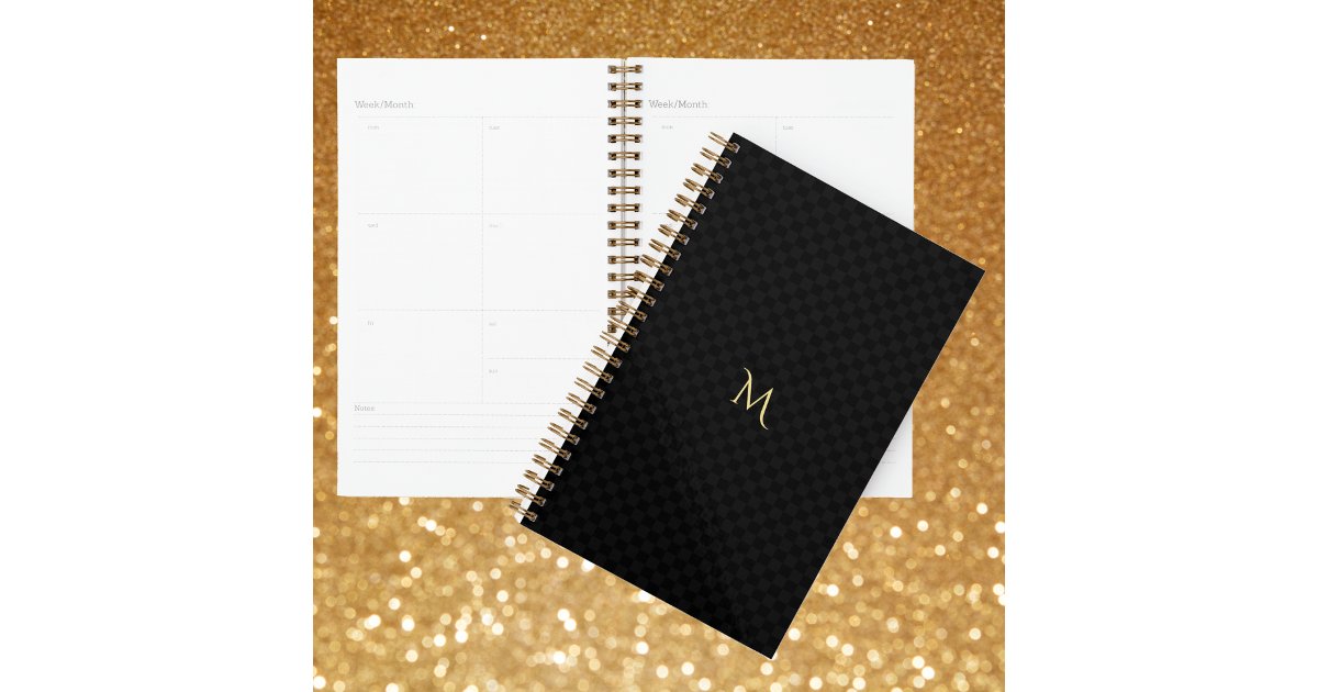 Elegant Gold Monogrammed Black Checkered Yearly Planner | Zazzle