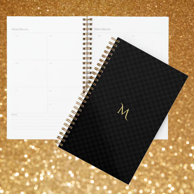 Elegant Gold Monogrammed Black Checkered Yearly Planner | Zazzle