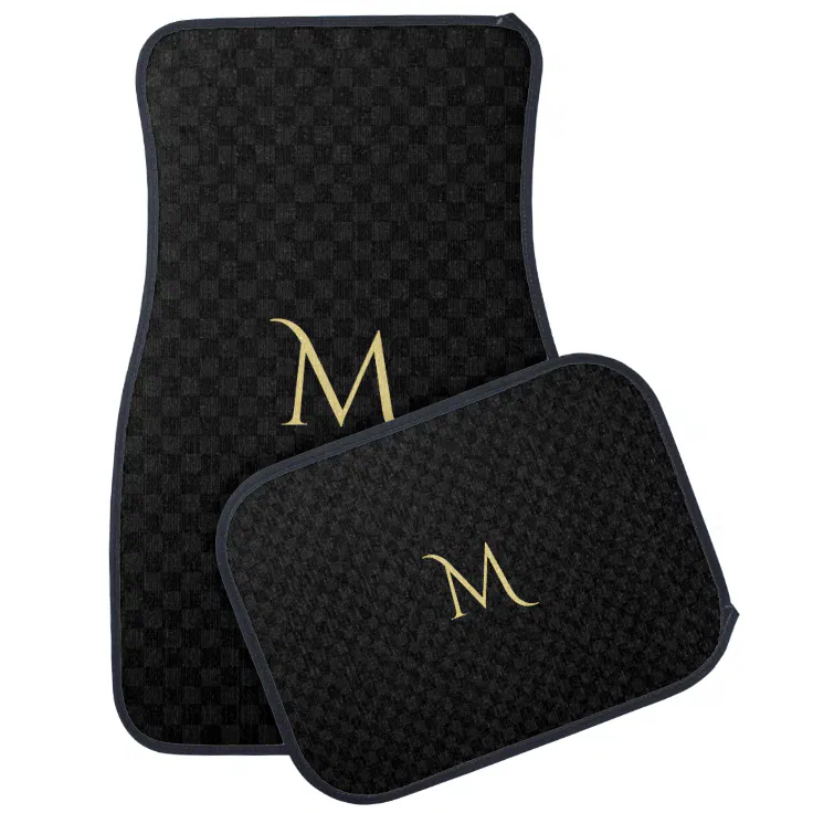 Elegant Gold Monogrammed Classy Black Checkered Car Floor Mat | Zazzle