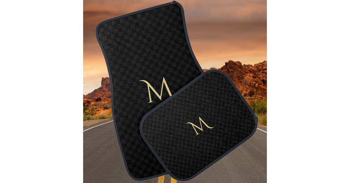 Elegant Gold Monogrammed Classy Black Checkered Car Floor Mat | Zazzle