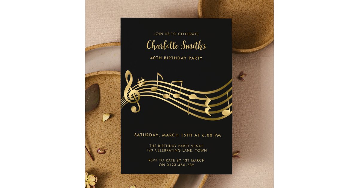 Elegant Gold Music Notes 40th Birthday Black Invitation | Zazzle