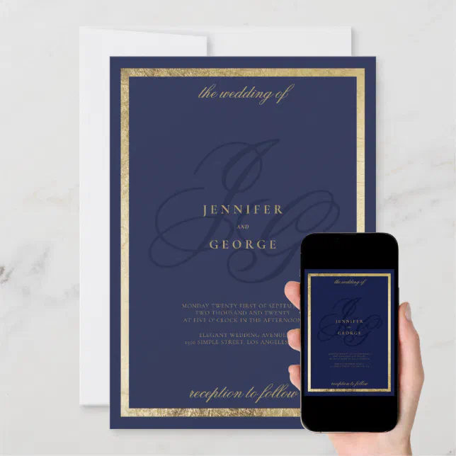 Elegant gold navy blue monogram initals wedding invitation | Zazzle
