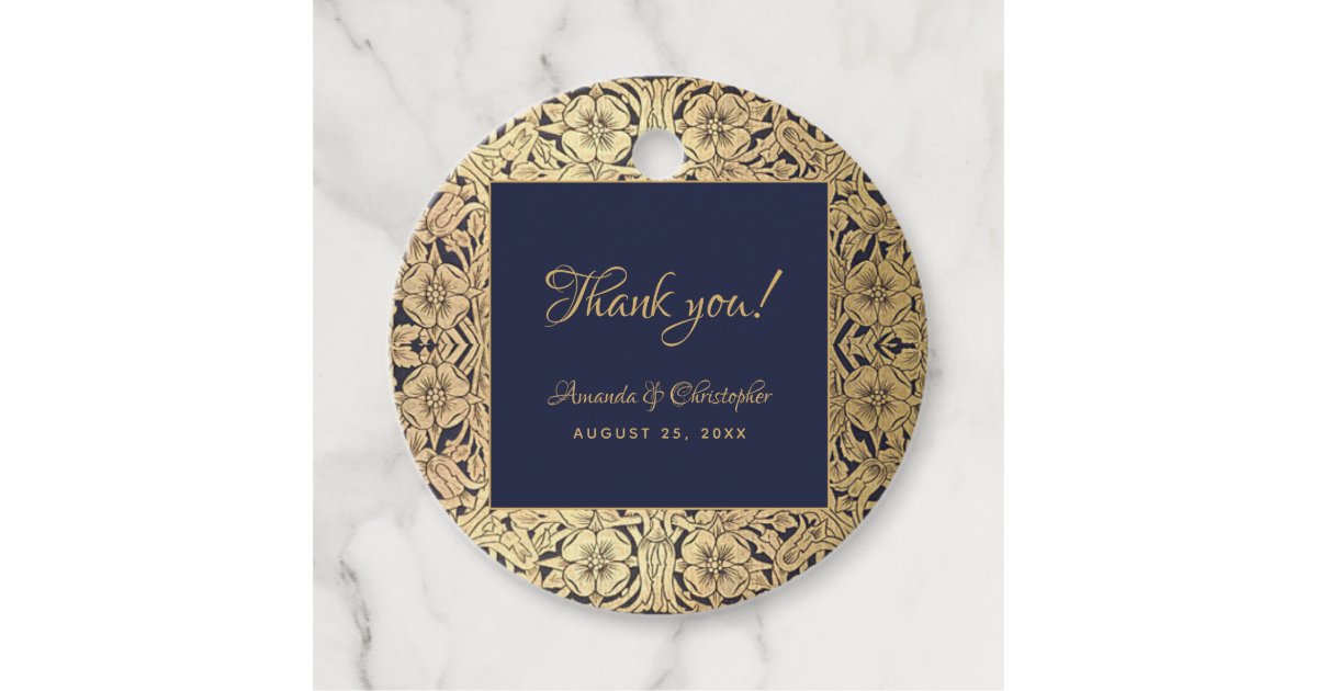 Elegant Gold Navy Blue Vintage Wedding Round Favor Tags | Zazzle