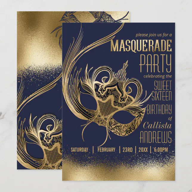 Elegant Gold Navy Masquerade Mask Sweet Sixteen Invitation | Zazzle