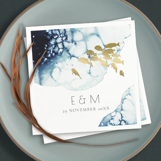 ELEGANT GOLD NAVY UNDERWATER FISH MONOGRAM WEDDING NAPKINS | Zazzle