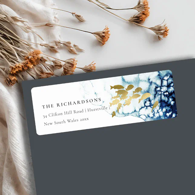 ELEGANT GOLD NAVY UNDERWATER SEA FISH ADDRESS LABE LABEL | Zazzle