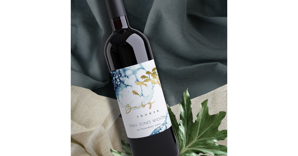 ELEGANT GOLD NAVY UNDERWATER SEA FISH BABY SHOWER WINE LABEL | Zazzle