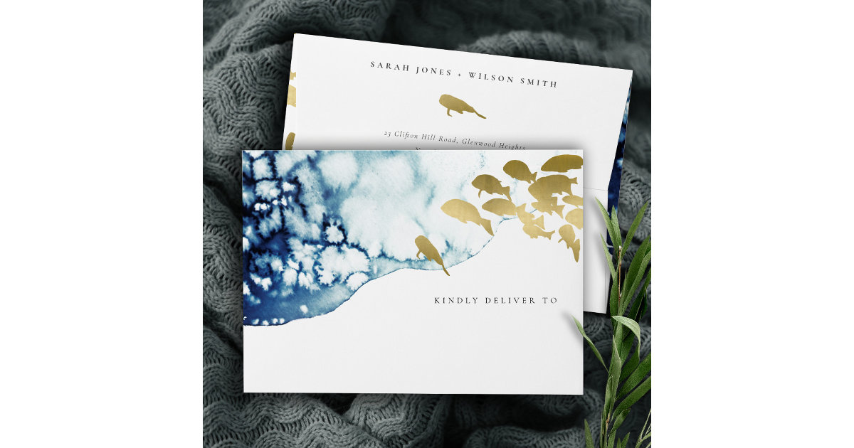 Elegant Gold Navy Underwater Sea Fish Wedding Envelope | Zazzle