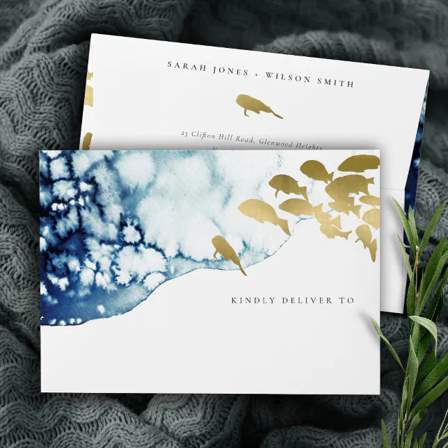 Elegant Gold Navy Underwater Sea Fish Wedding Envelope | Zazzle