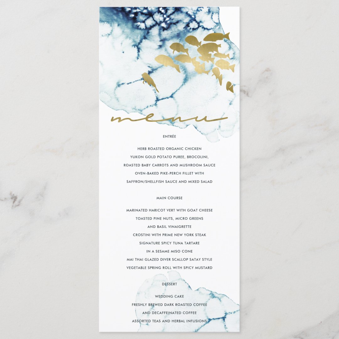 ELEGANT GOLD NAVY UNDERWATER SEA FISH WEDDING MENU | Zazzle