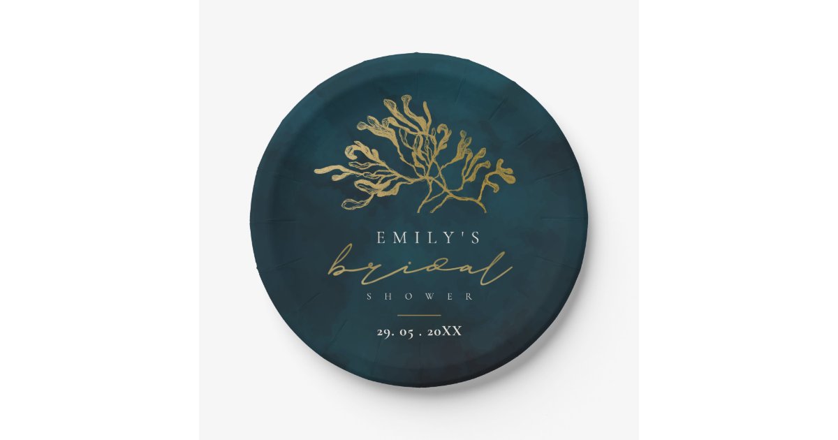 ELEGANT GOLD NAVY UNDERWATER SEAWEED BRIDAL SHOWER PAPER PLATES | Zazzle