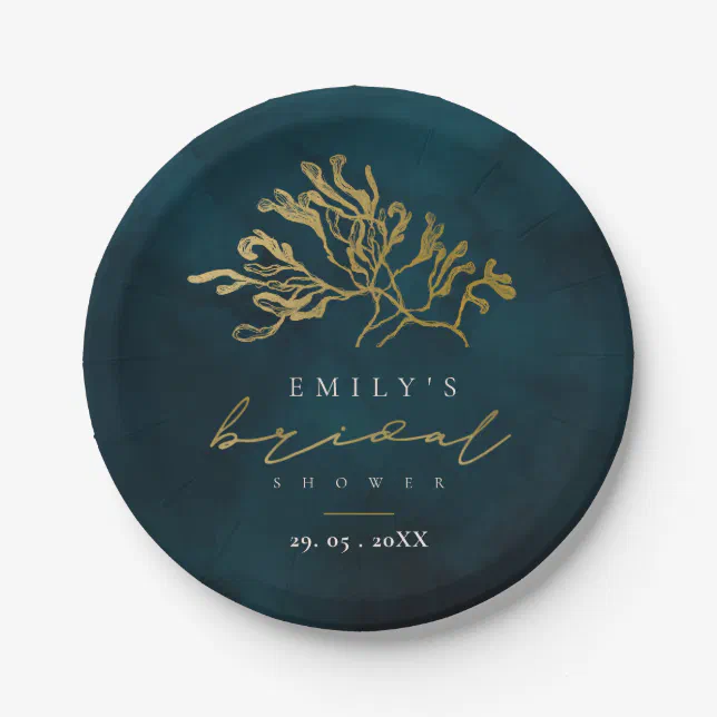 ELEGANT GOLD NAVY UNDERWATER SEAWEED BRIDAL SHOWER PAPER PLATES | Zazzle