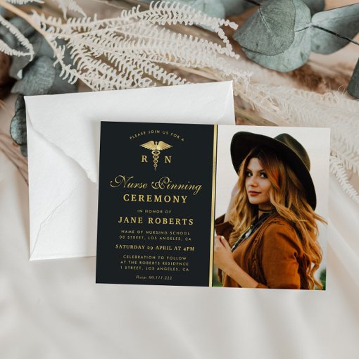 elegant gold nurse pinning ceremony photo invitation | Zazzle
