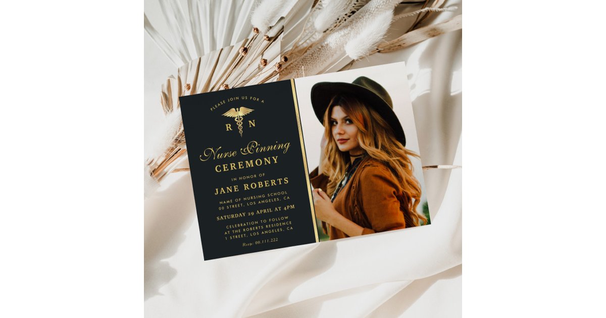 elegant gold nurse pinning ceremony photo invitation | Zazzle