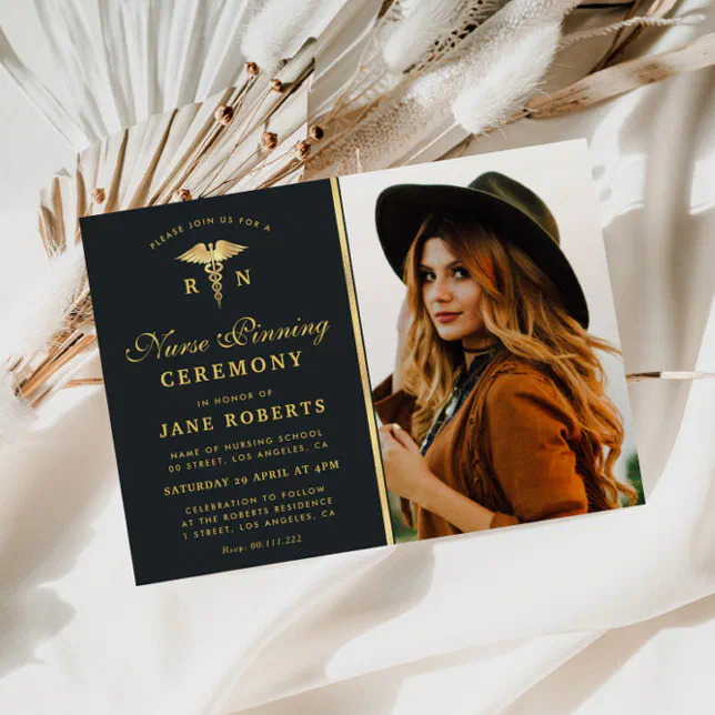 elegant gold nurse pinning ceremony photo invitation | Zazzle