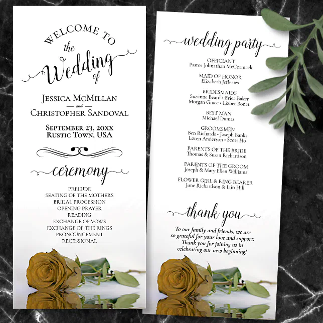 Elegant Gold Ochre Goldenrod Rose Romantic Wedding Program | Zazzle