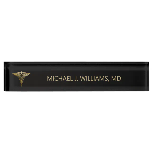 Elegant Gold on Black Caduceus Doctor Desk Name Plate | Zazzle