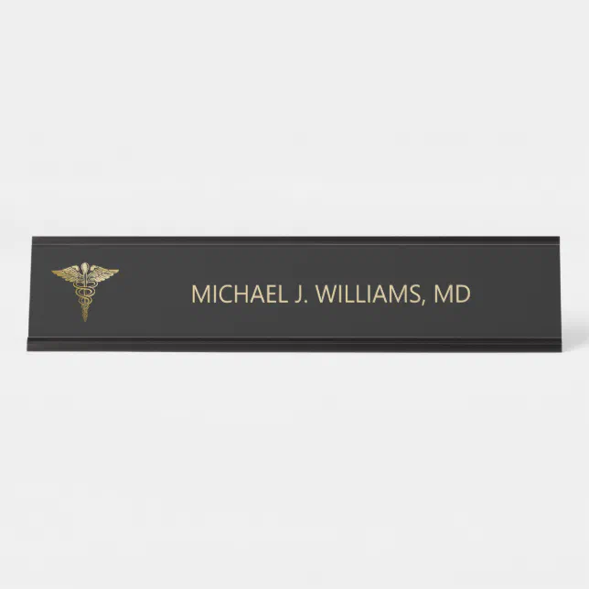 Elegant Gold on Black Caduceus Doctor Desk Name Plate | Zazzle