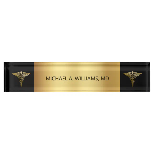 Elegant Gold on Black Caduceus Medical Doctor Desk Name Plate | Zazzle