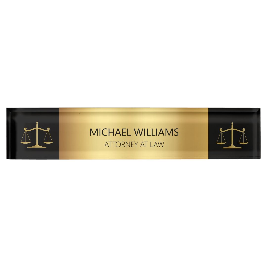 Elegant Gold on Black Scales of Justice Lawyer Desk Name Plate | Zazzle