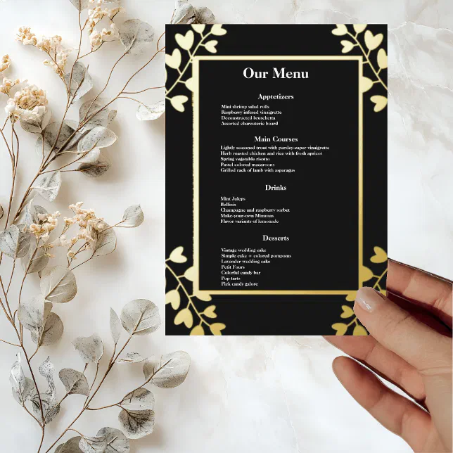 Elegant Gold on Black Wedding Dinner Menu | Zazzle