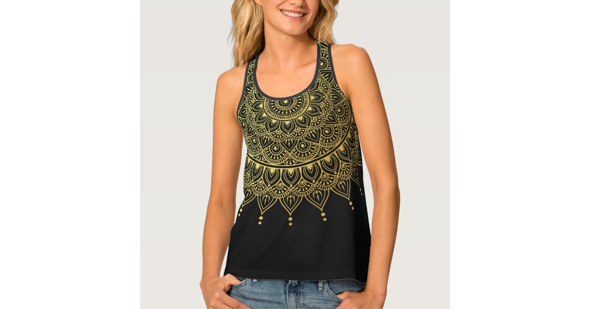 Elegant Gold on Soft Black Floral Henna Mandala Tank Top | Zazzle