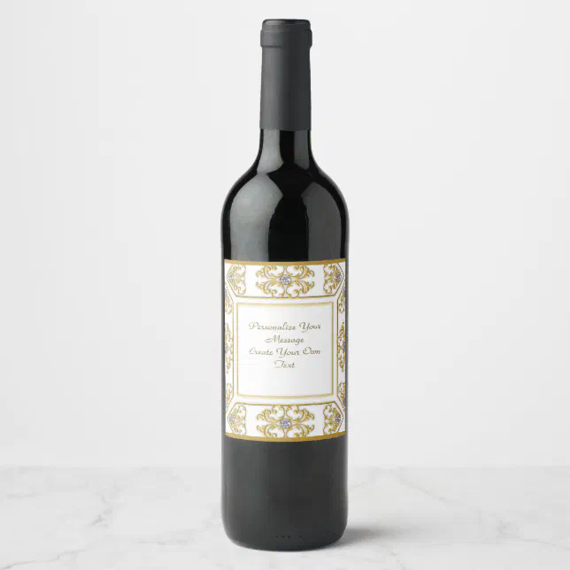 Elegant Gold Ornamental Border with Diamonds Wine Label | Zazzle