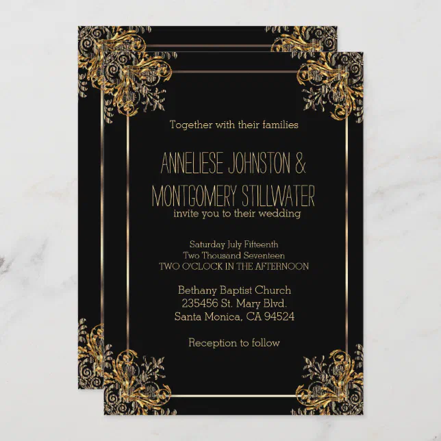 Elegant Gold Ornate Design on Black Invitation | Zazzle