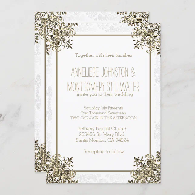 Elegant Gold Ornate Design on White Damask Invitation | Zazzle