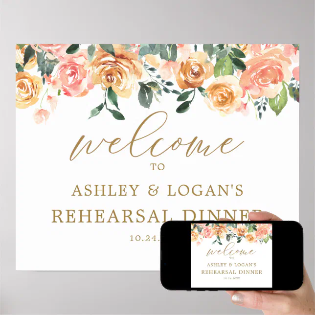 Elegant Gold Peach Floral Rehearsal Dinner Welcome Poster | Zazzle