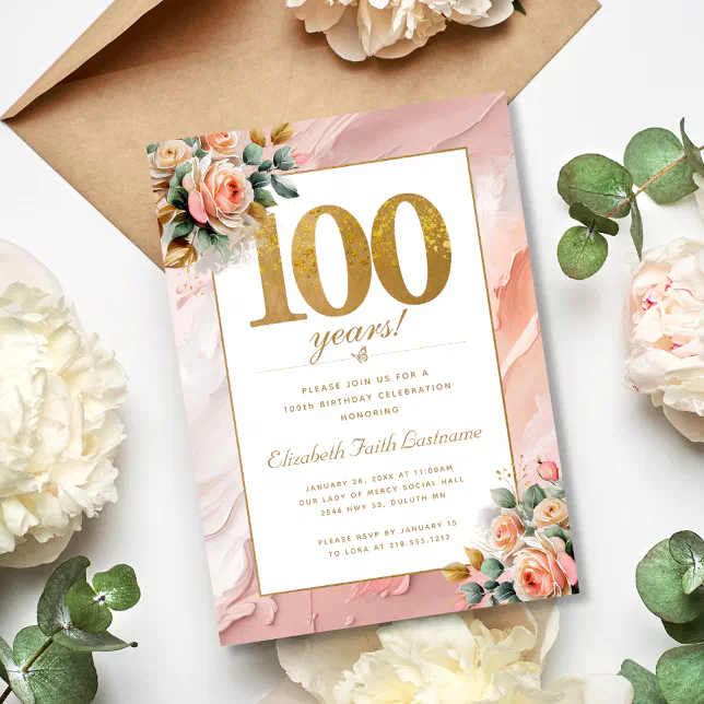 Elegant Gold Peach Pink Floral 100th Birthday Invitation | Zazzle