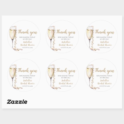 Elegant Gold Pearls and Prosecco Bridal Shower Classic Round Sticker ...