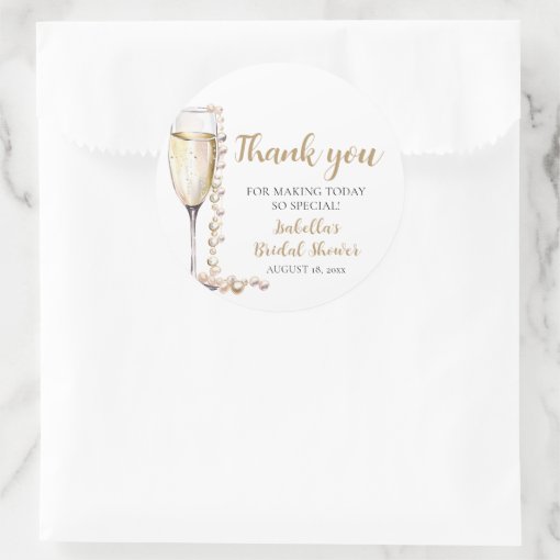 Elegant Gold Pearls and Prosecco Bridal Shower Classic Round Sticker ...