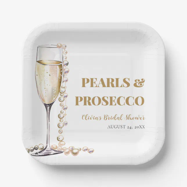 Elegant Gold Pearls and Prosecco Bridal Shower Paper Plates | Zazzle