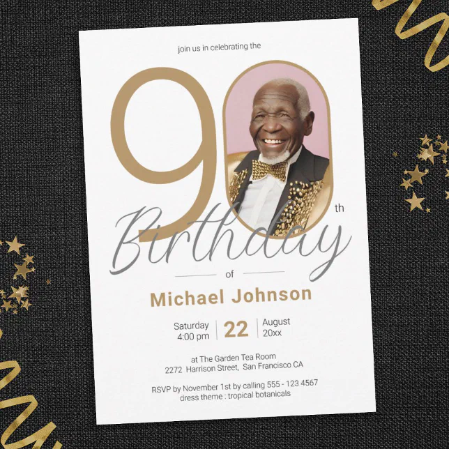 Elegant Gold Photo 90th Birthday Party Invitation | Zazzle