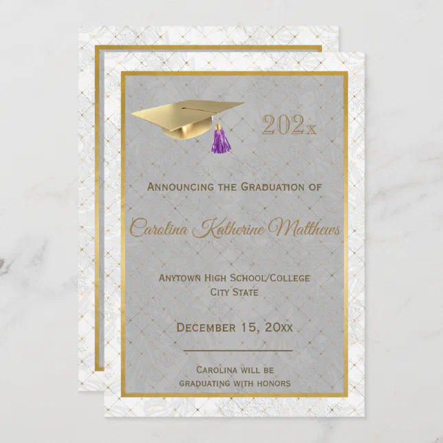Elegant Gold Photo Cap Purple Graduation Announcement | Zazzle