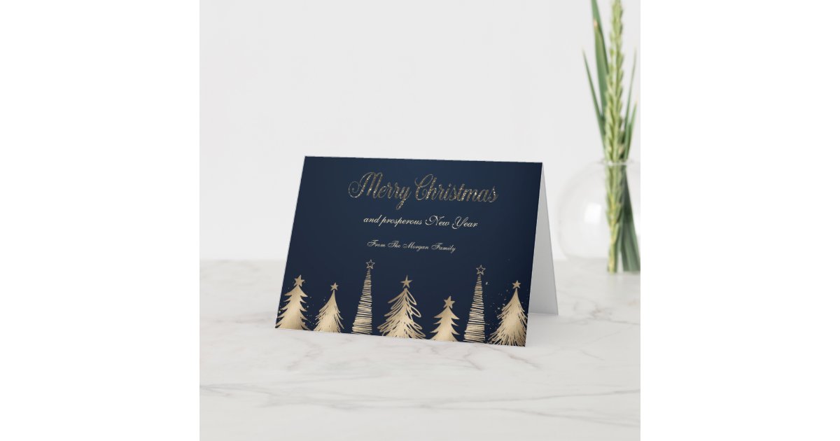 Elegant Gold Pine Trees Blue Holiday Card | Zazzle