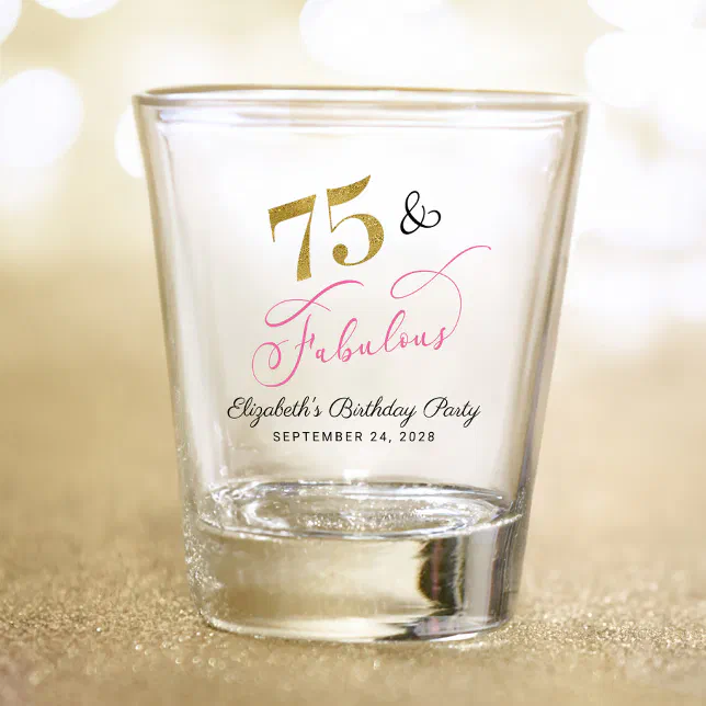 Elegant Gold Pink 75th Birthday Party Favor Shot Glass | Zazzle