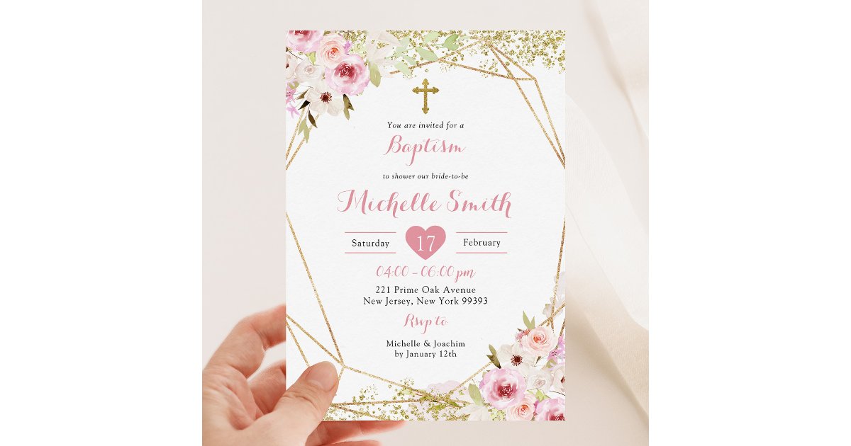 Elegant Gold Pink Floral Girl Baptism Invitation | Zazzle