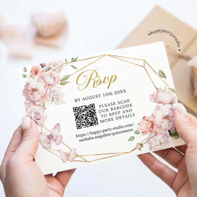 Elegant Gold Pink Floral Mis Quince Años QR RSVP Card | Zazzle