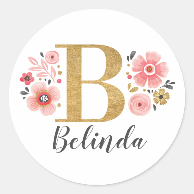 Elegant Gold Pink Floral Monogram Initial Letter B Classic Round ...