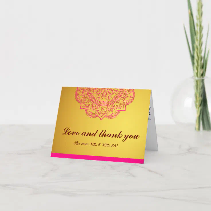 Elegant Gold Pink Paisley Indian Hindu Wedding Tha Thank You Card | Zazzle