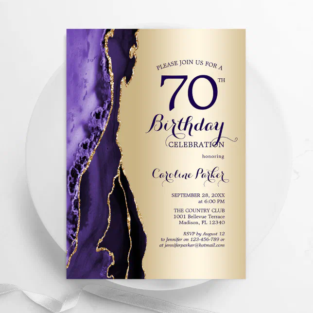 Elegant Gold Purple Agate 70th Birthday Invitation | Zazzle
