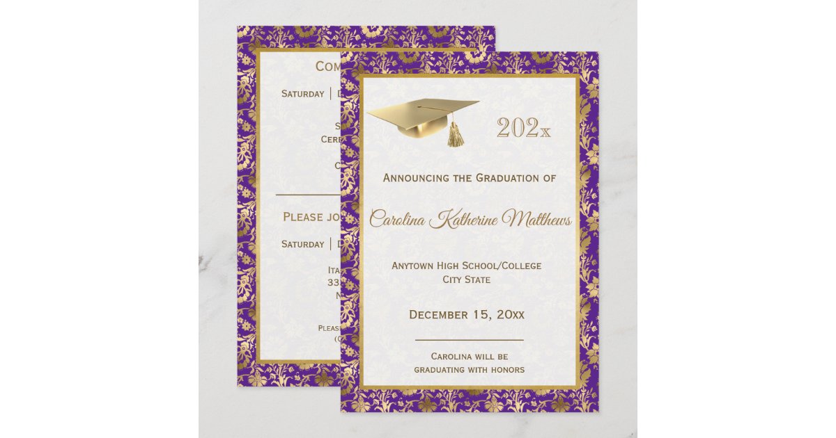 Elegant Gold Purple Floral Graduation Announcement | Zazzle