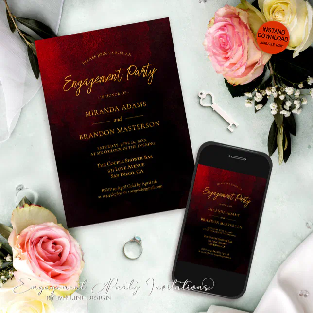 Elegant Gold Red and Black Engagement Party Invitation | Zazzle